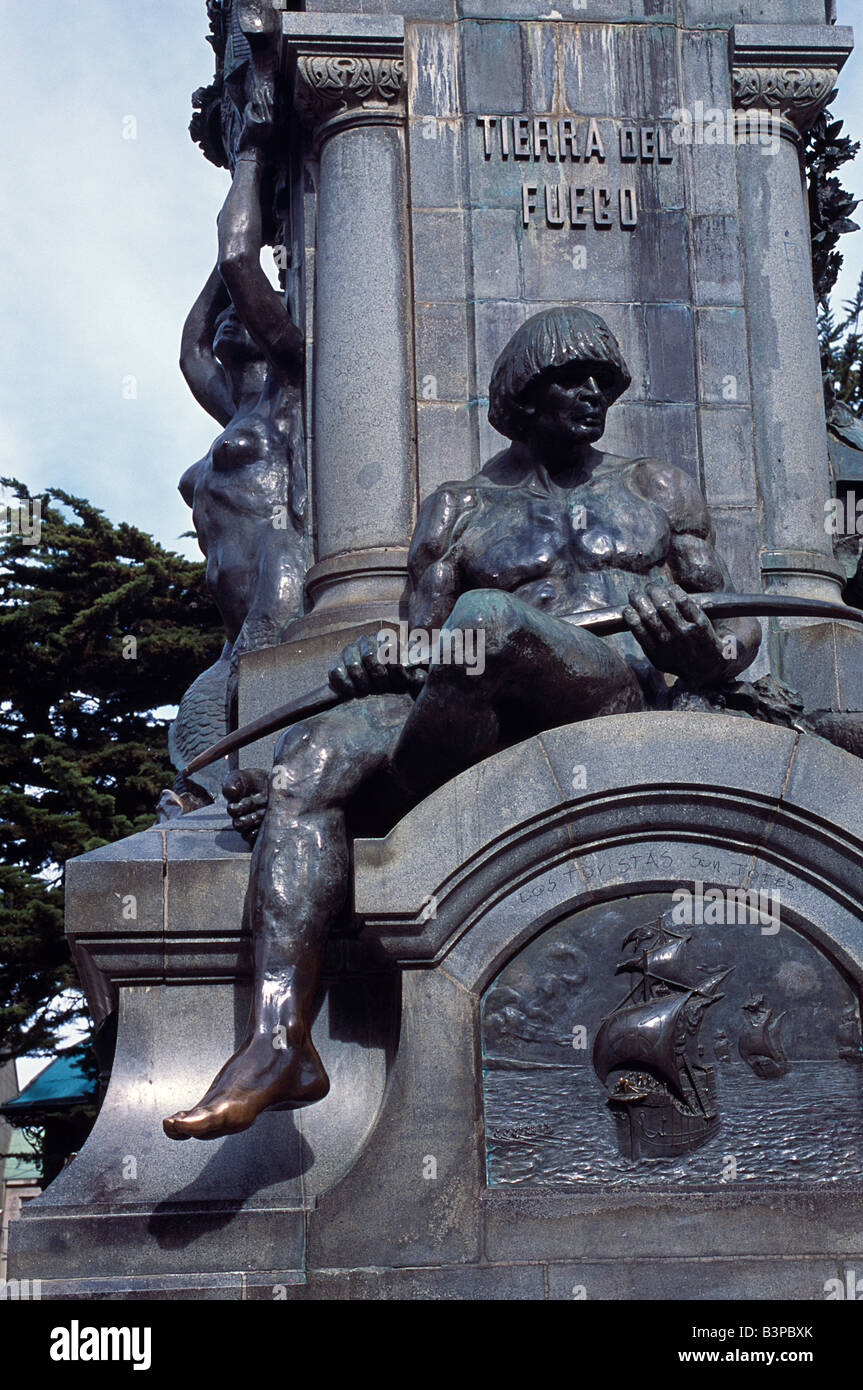 Chile, Punta Arenas. Statue of Ona Indian on Monument to Ferdinand ...