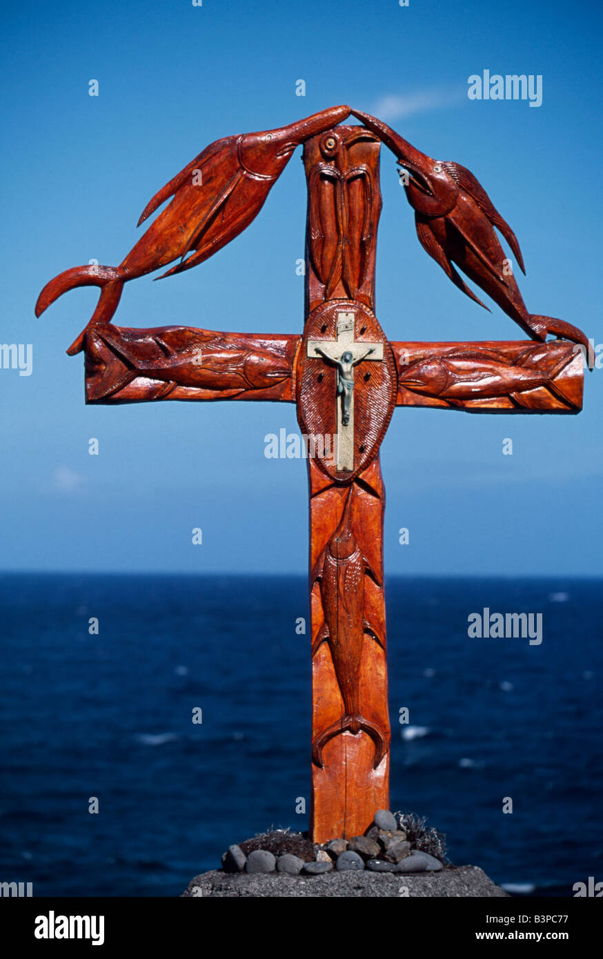 Chile, Easter Island. Wooden cross on erected on the southern coast ...