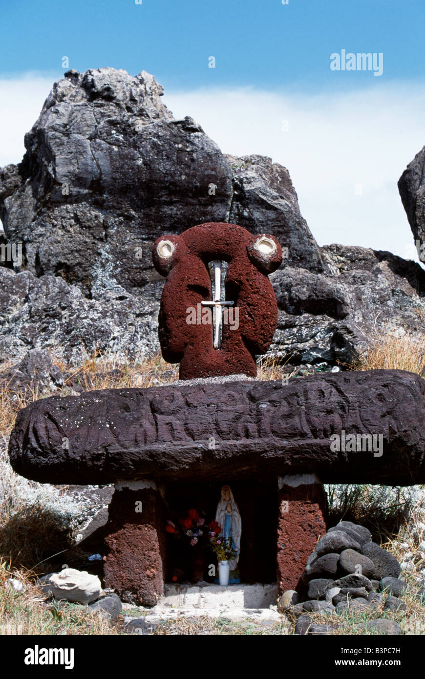 Chile, Easter Island. Christian cross made of animal bones set in ...