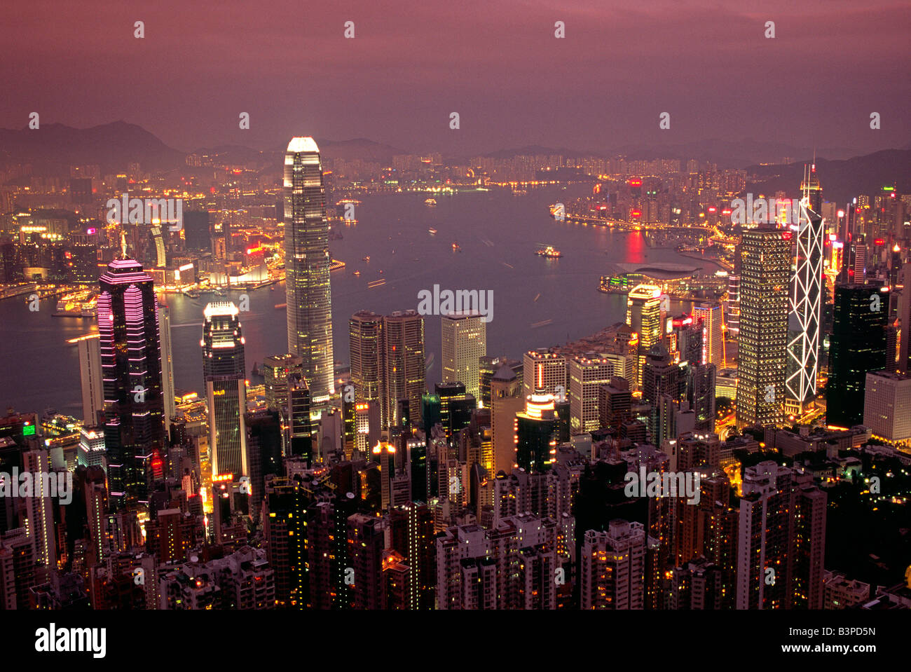 China, Hong Kong, Victoria Peak. View over Hong Kong from Victoria Peak. The illuminated skyline ...