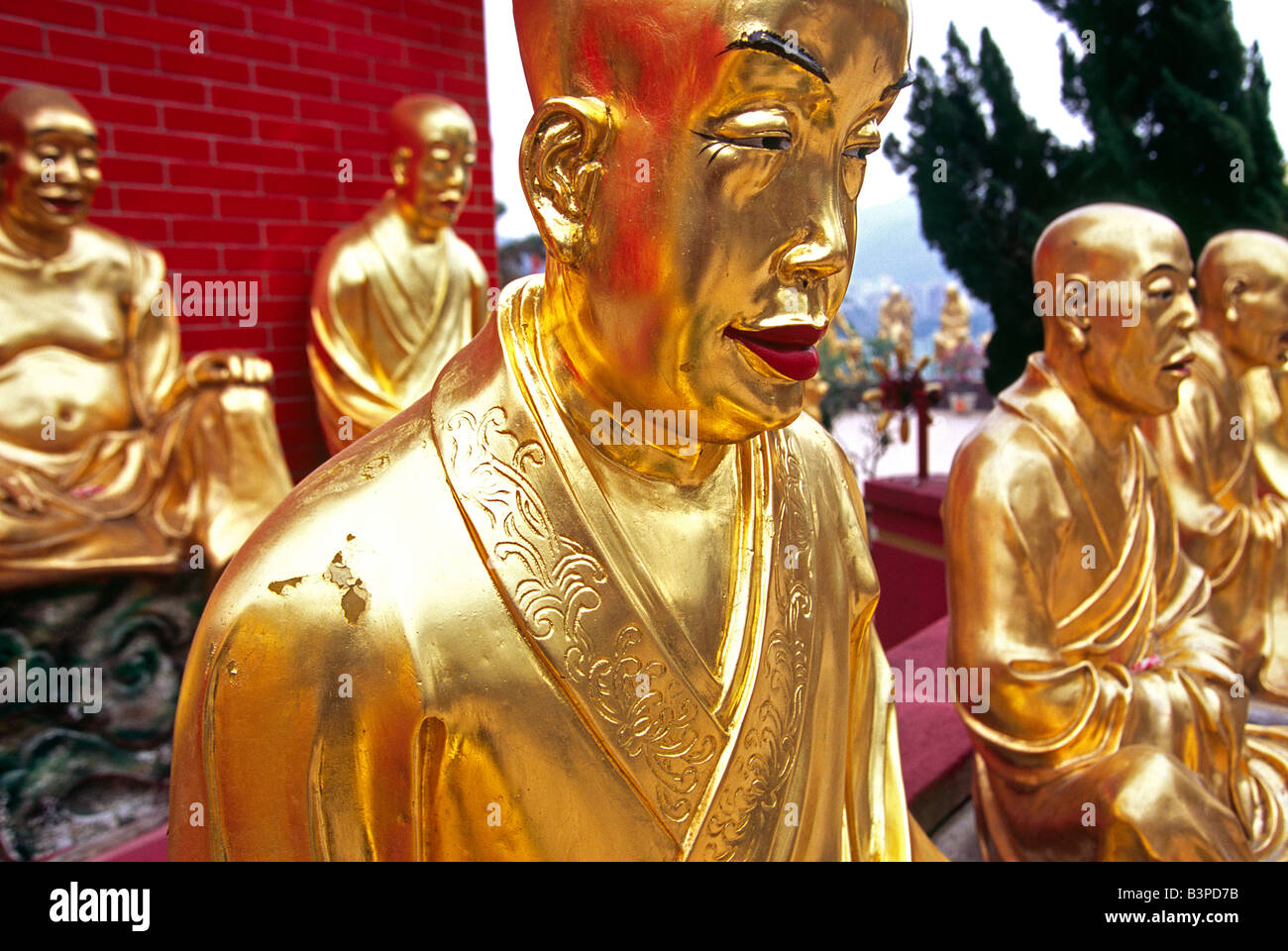 China, Hong Kong, Sha Tin. Golden Buddha statues adorn the Ten Thousand ...
