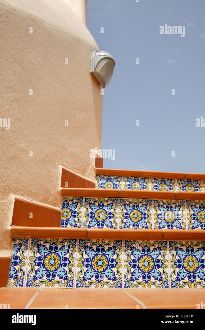 villa steps in hot sunshine leading onto unseen vills roof top on ...