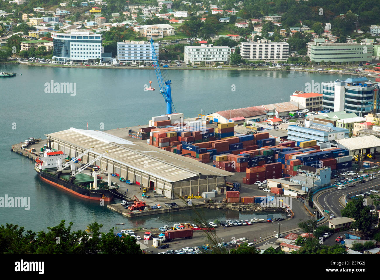 A freighter unloading, Castries Docks, St Lucia, "West Indies Stock ...