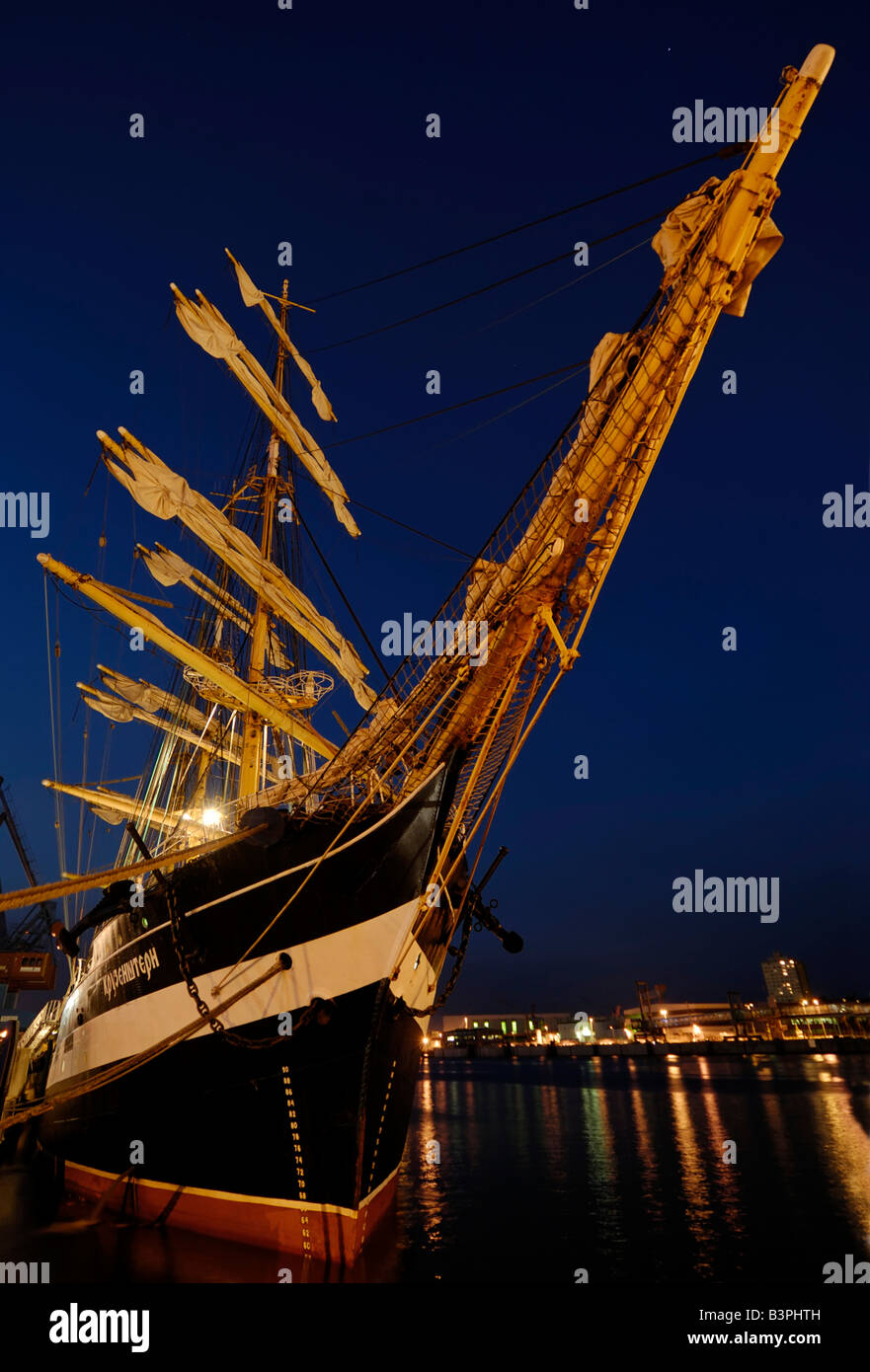 Night photograph of the Russian tall ship Krusenstern, Kruzenshtern in ...