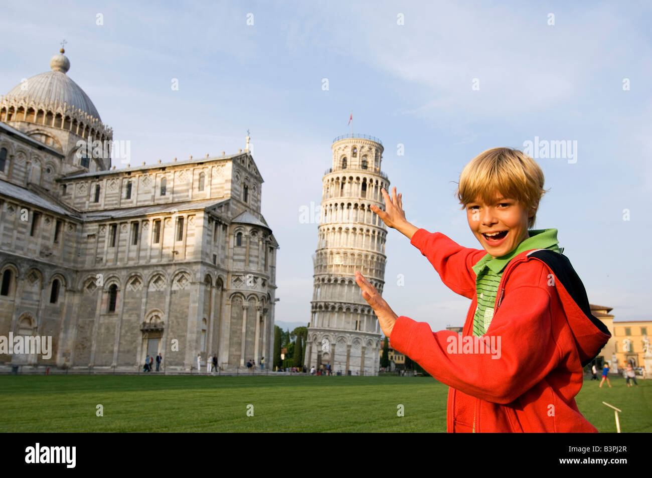 Boy pointing at the Leaning Tower of Pisa, Pisa, Tuscany, Italy Stock ...