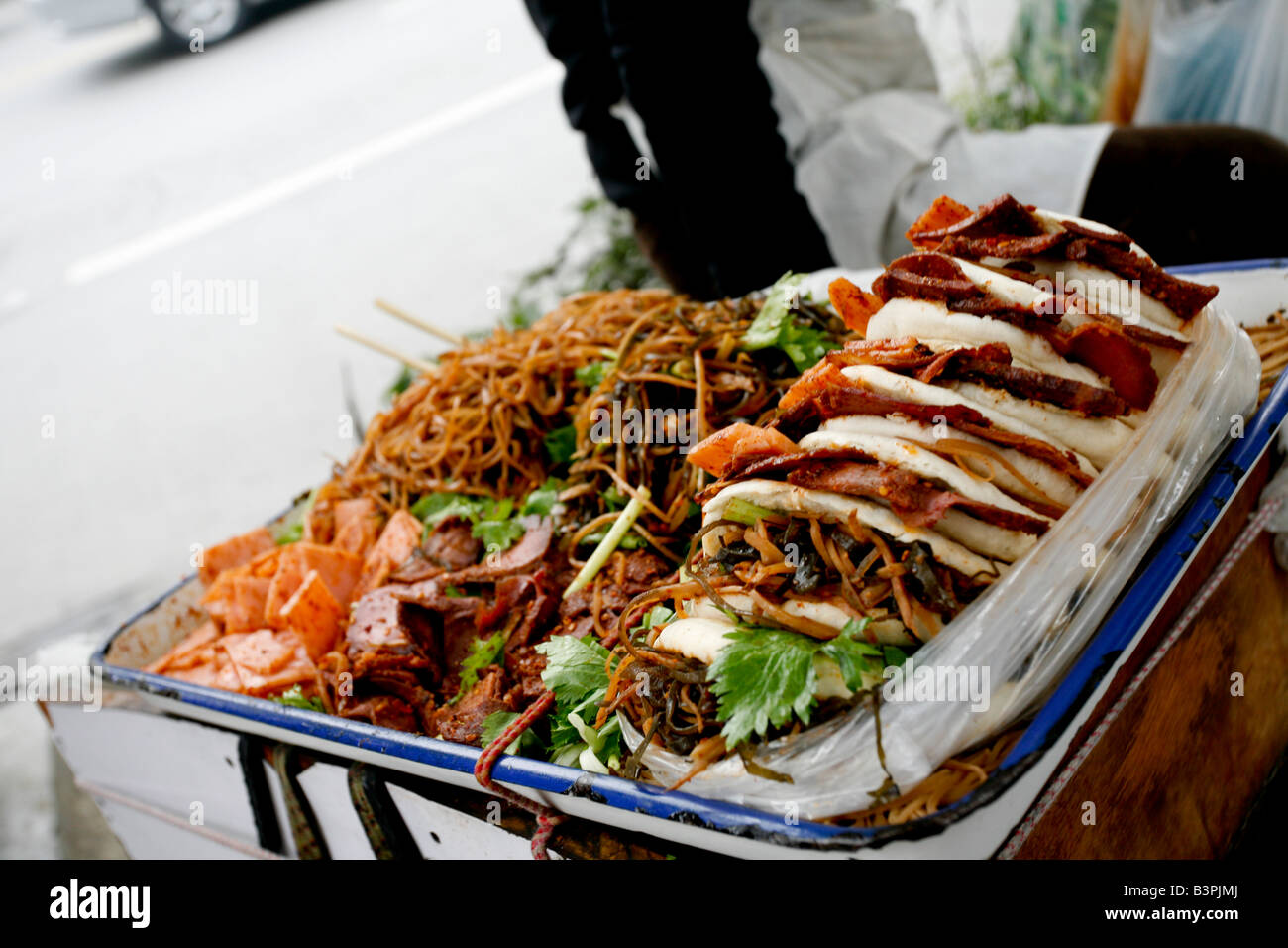 Platter of various meats and vegetables at a street vendor in ChengDu ...