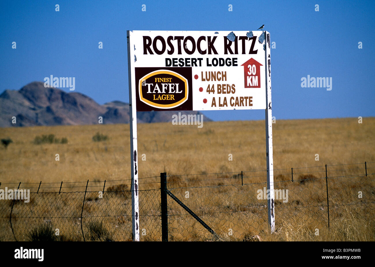 Sign advertising the Rostock Ritz Desert Lodge, Namibia, Africa Stock ...