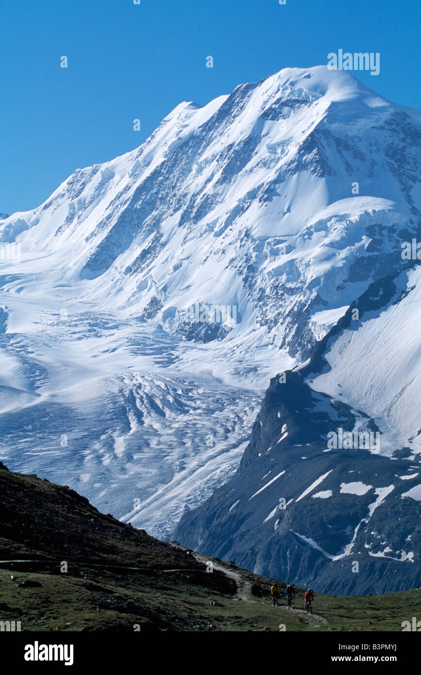 Mountain bikers, Gorner Glacier, Mt. Breithorn, Zermatt, Valais ...
