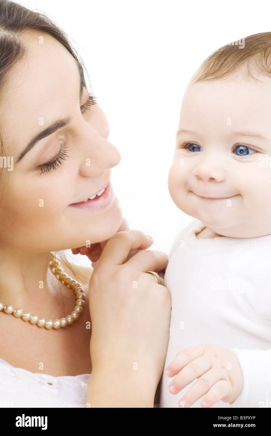 picture of happy mother with baby over white Stock Photo - Alamy