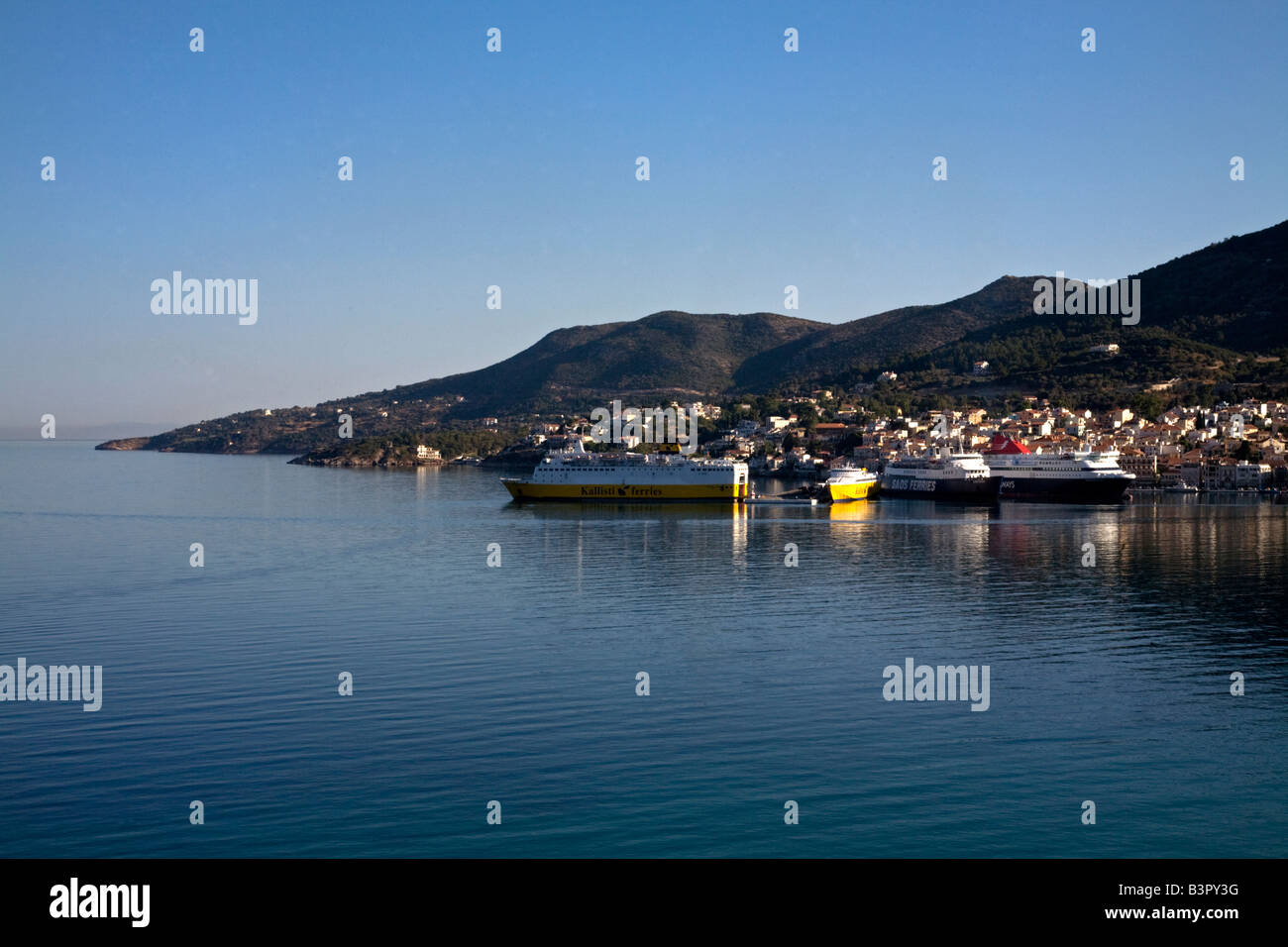 Ferries at jetty Vathy Samos Greece Stock Photo - Alamy
