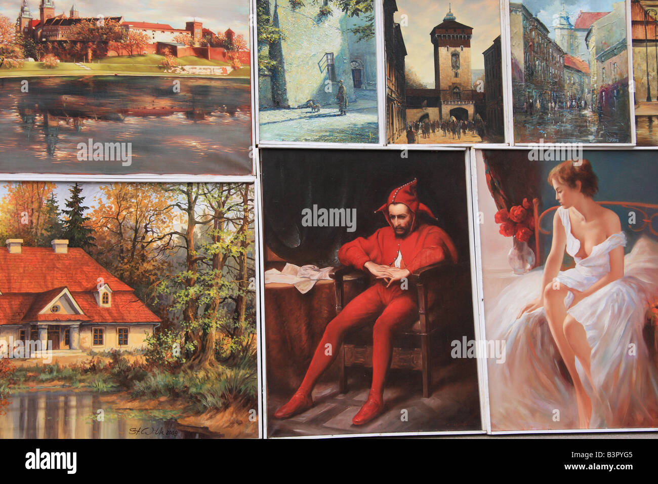 Art work displayed for sale on the walls of the Barbican; a medieval ...