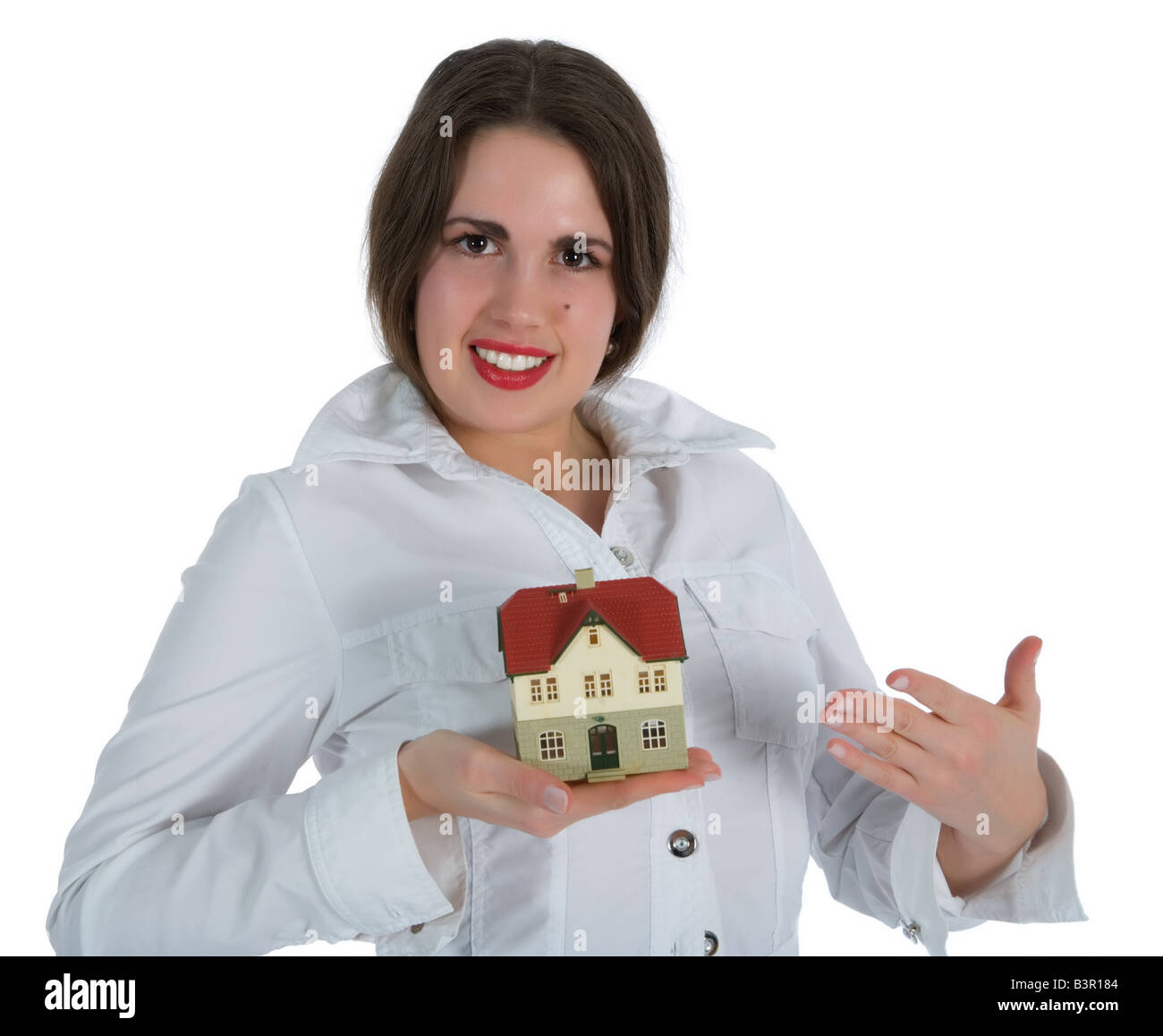 Business woman advertises real estate on white background Stock Photo ...