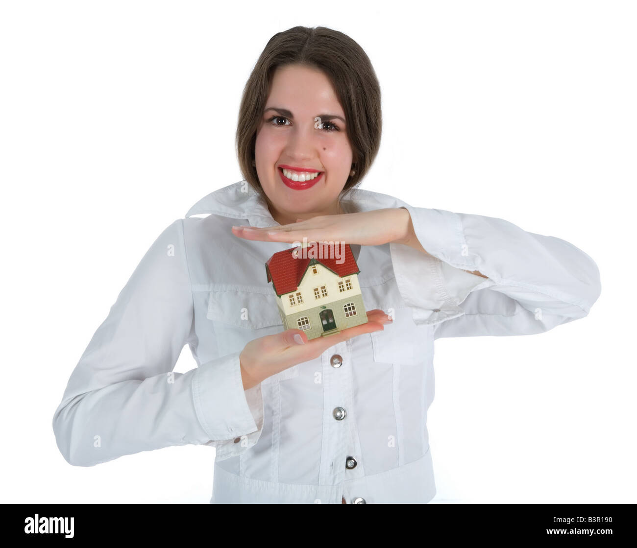 Business woman advertises real estate on white background Stock Photo ...