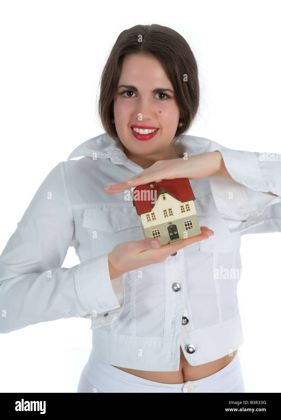 Business woman advertises real estate on white background Stock Photo ...