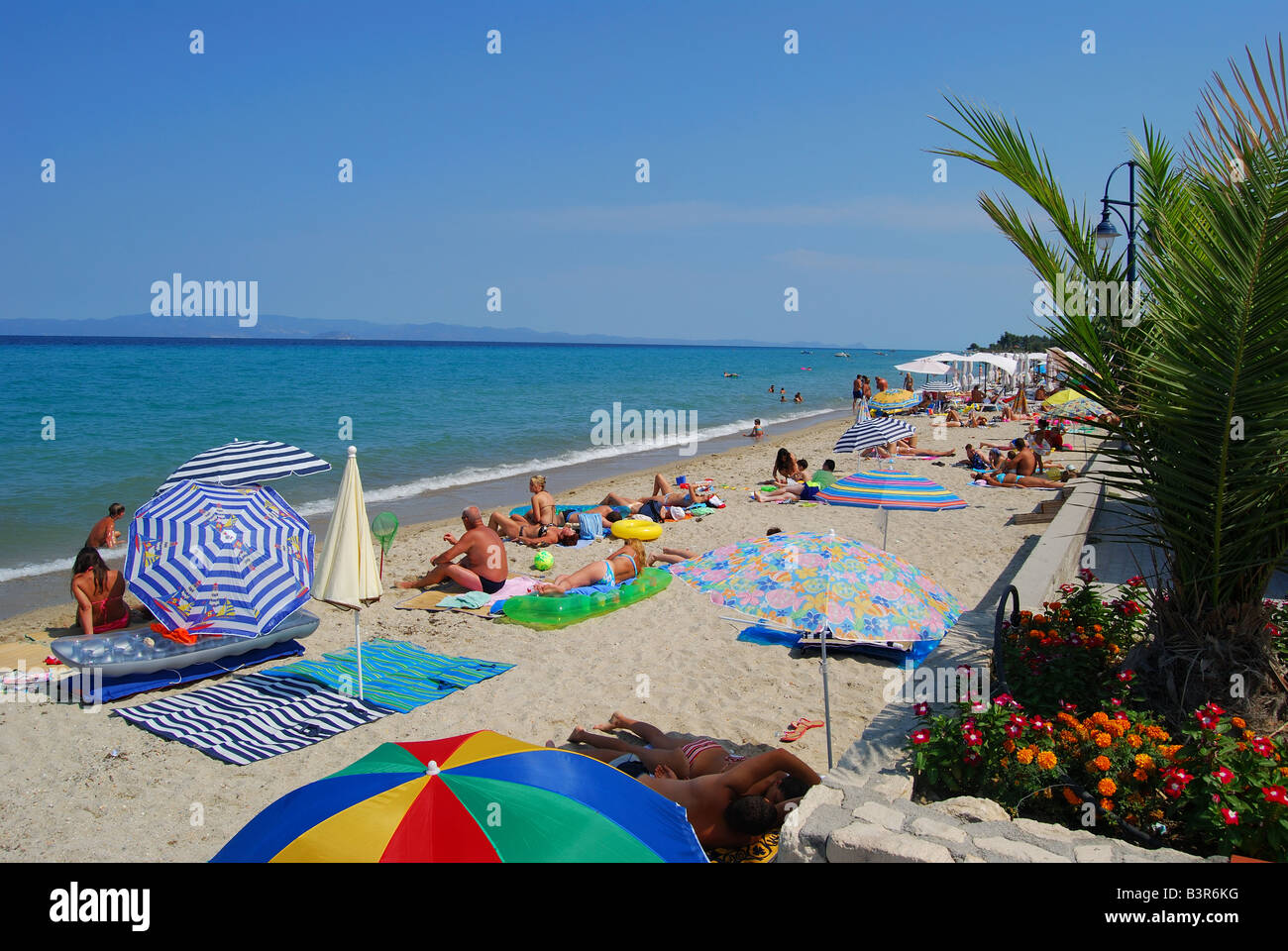 Beach and promenade view, Polychrono, Kassandra Peninsula, Chalkidiki ...