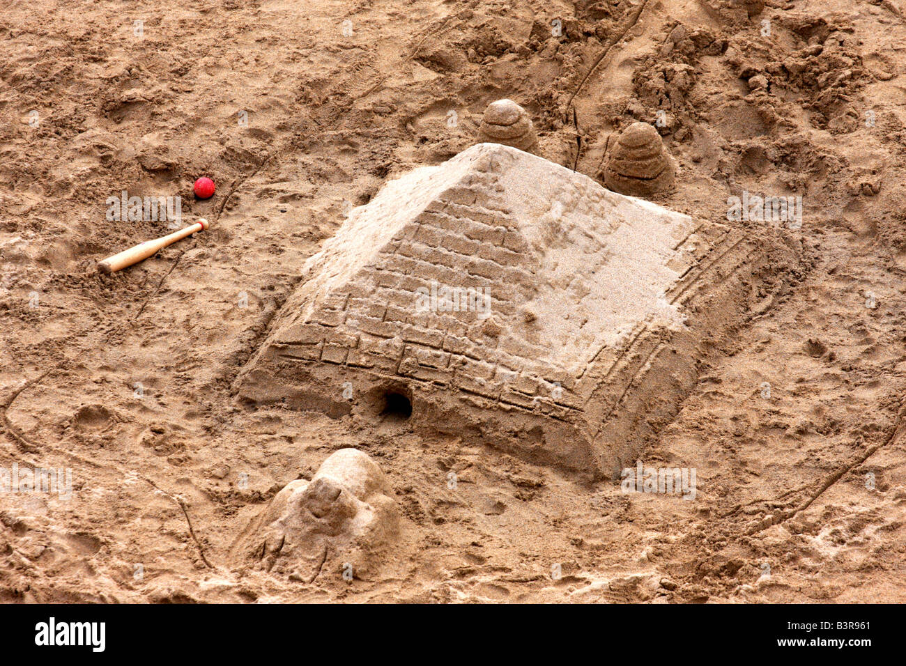 Pyramid complete with Sphinx made of sand on a beach in Cornwall UK ...