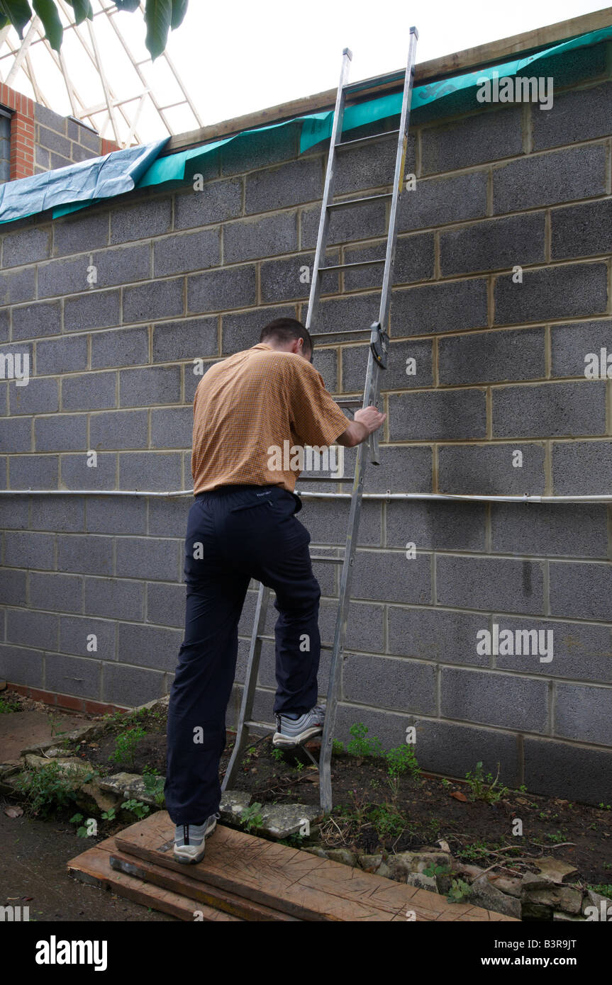 Man climbing ladder leaning against a brick wall standing precariously ...