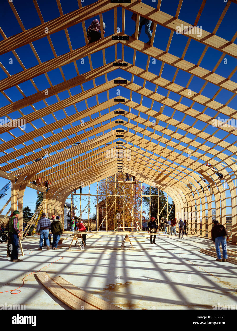 MEN WORKING AT A PENNSYLVANIA DUTCH BARN RAISING, ROHRBACK FARM ...