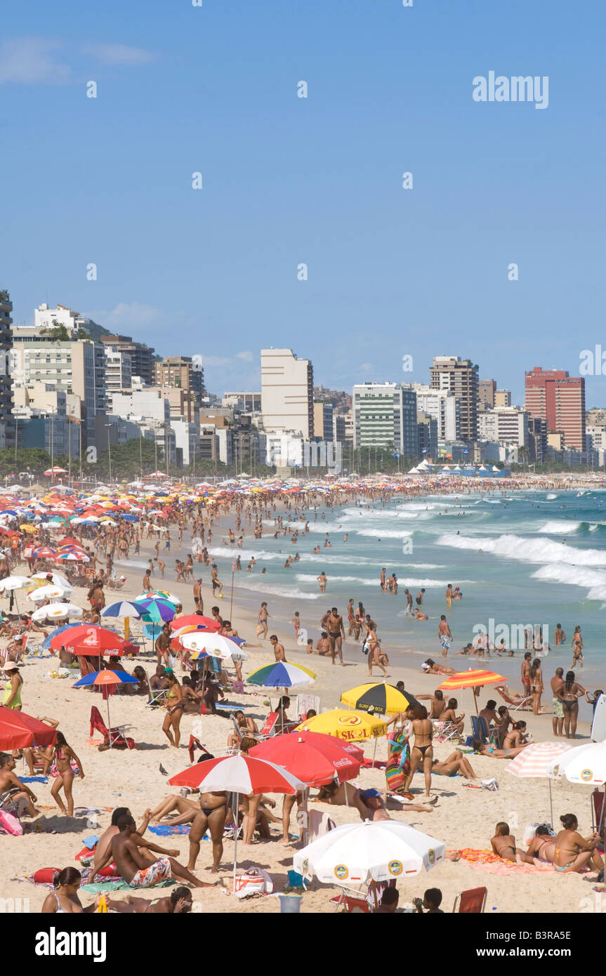 A compressed perspective view of a crowded Ipanema beach in Rio De ...
