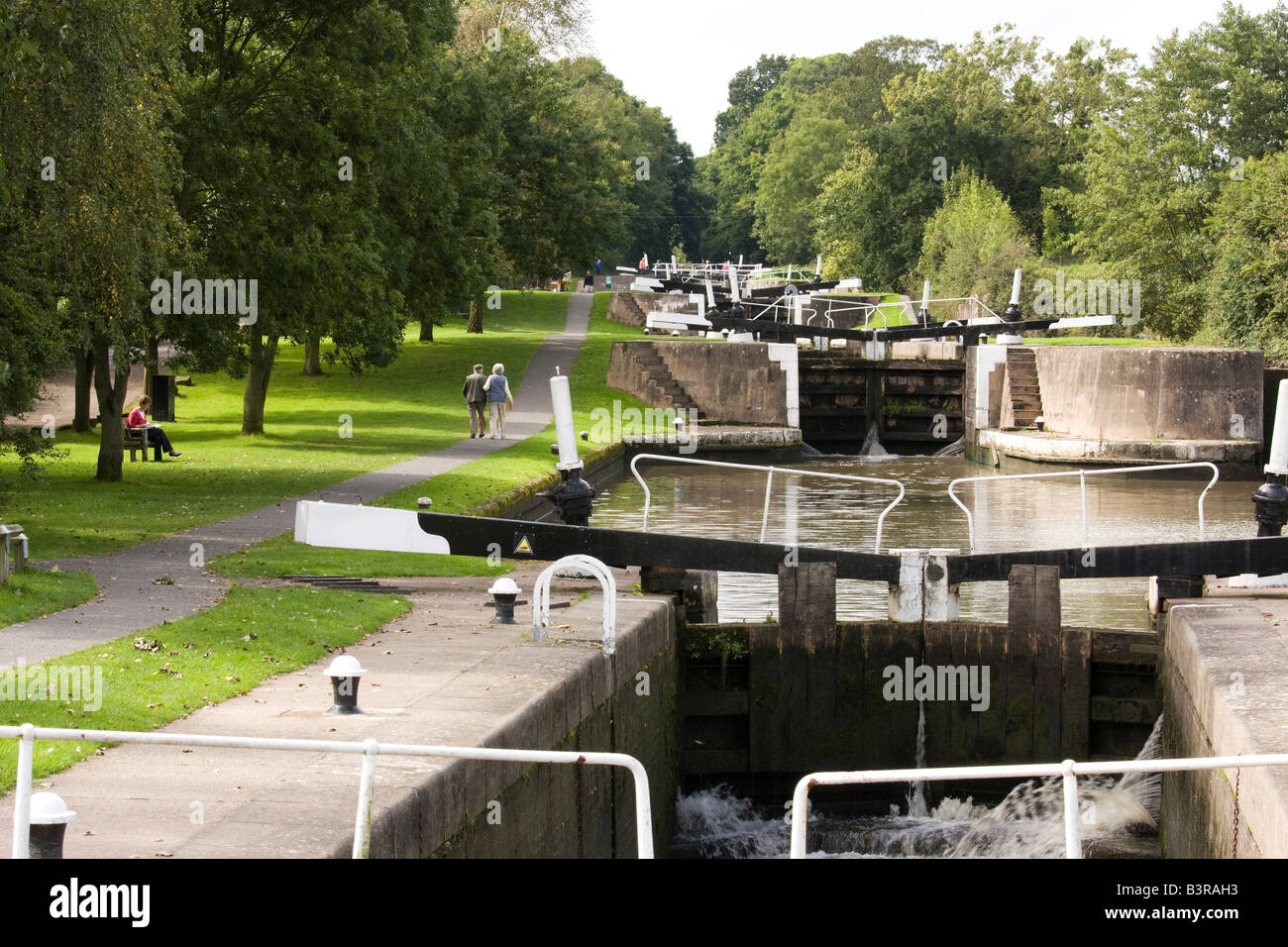 footpath along side flight of canal locks at Hatton in Warwickshire ...