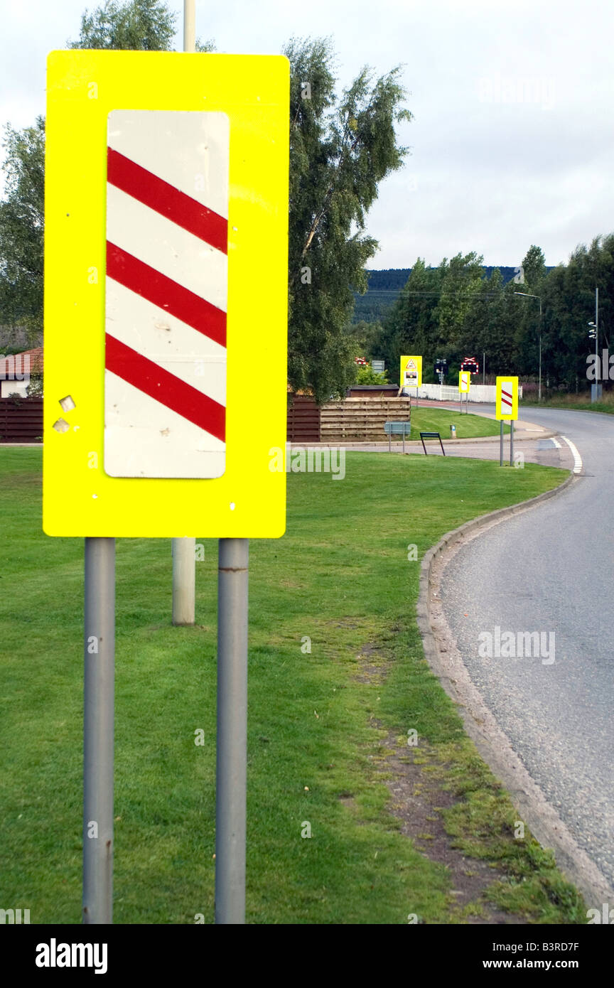 Level crossing warning signs at Aviemore in the Scottish Highlands ...