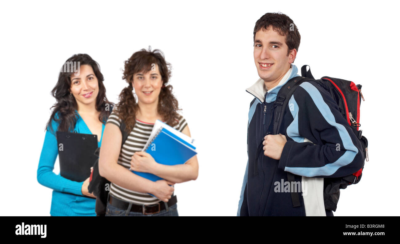 Three students with books and backpacks over a white background Focus ...