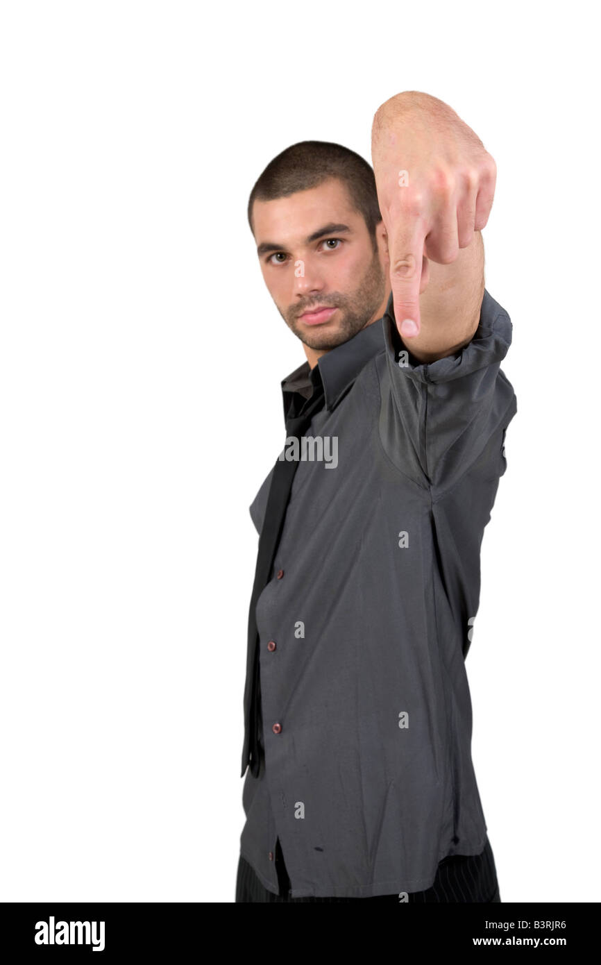 man pointing downwards on white background Stock Photo - Alamy