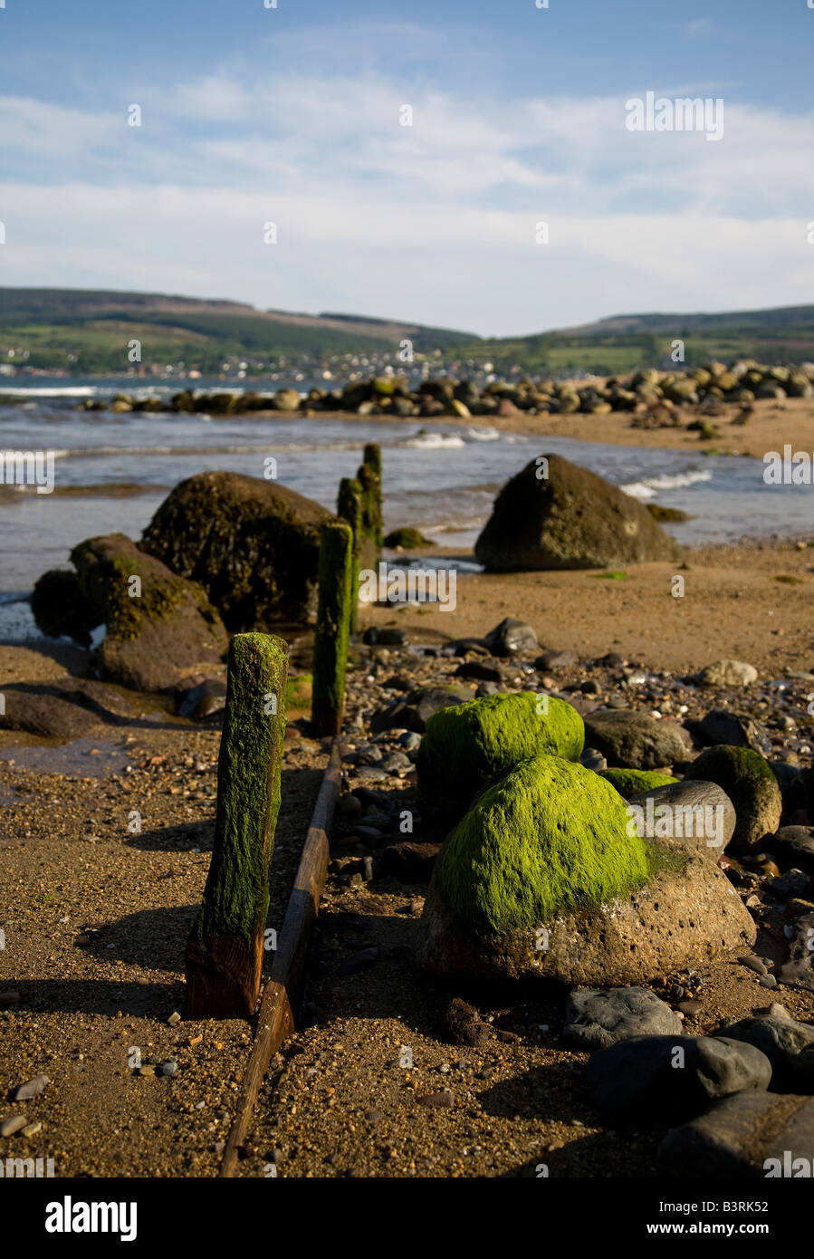 Rocks covered in seaweed on Brodick beach on the Isle of Arran in south ...