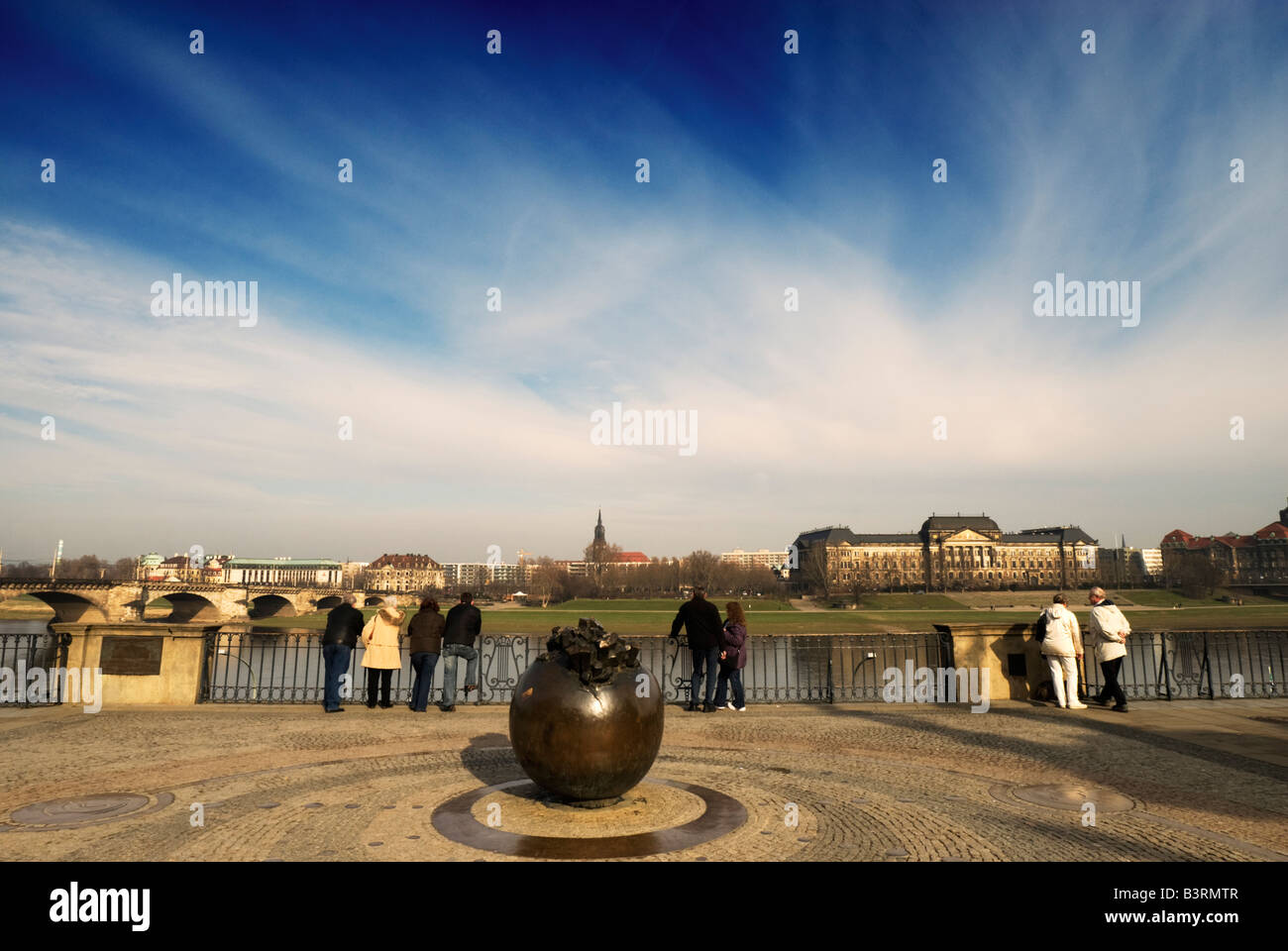 People look across the Elbe River from the Bruhl terrace, Dresden ...