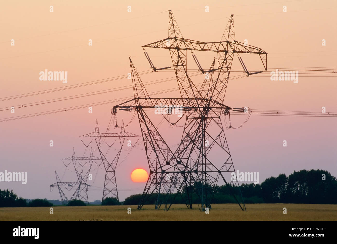 Power lines at sunset Stock Photo - Alamy