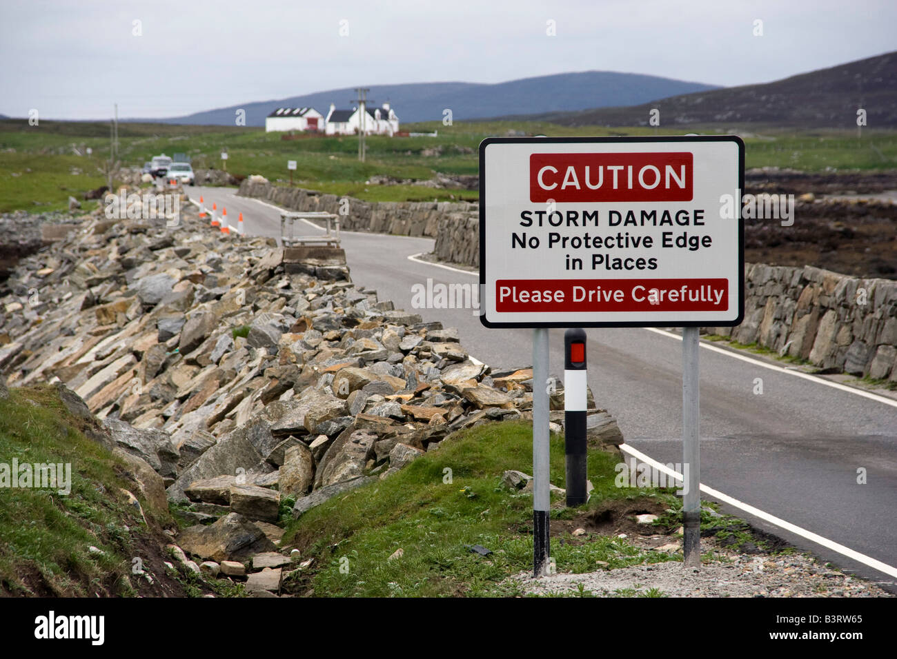 storm damage to south uist benbecula manmade causeway warning sign ...