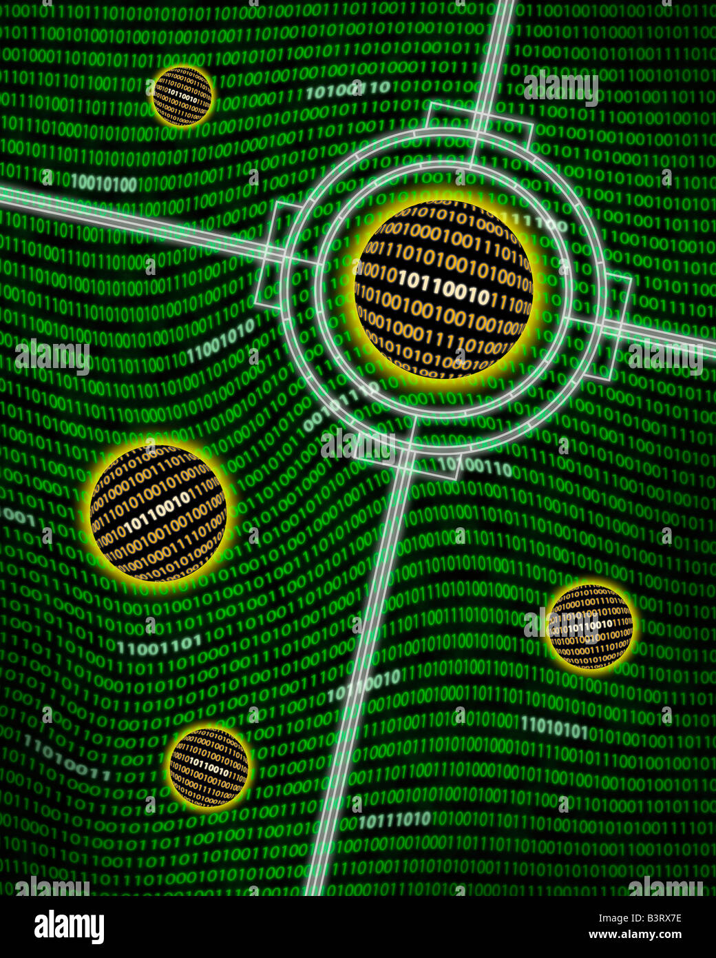 Floating binary data orbs targeted in a digital vortex representing ...