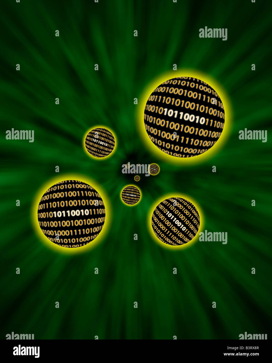 Binary data orbs floating through a vortex Stock Photo - Alamy