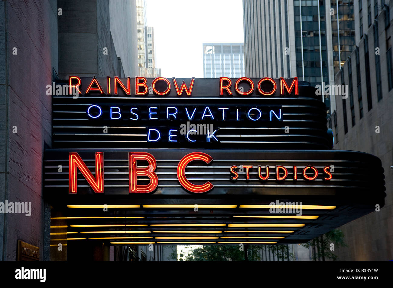 NBC studios and rainbow room neon sign at Rockerfeller Center Stock ...