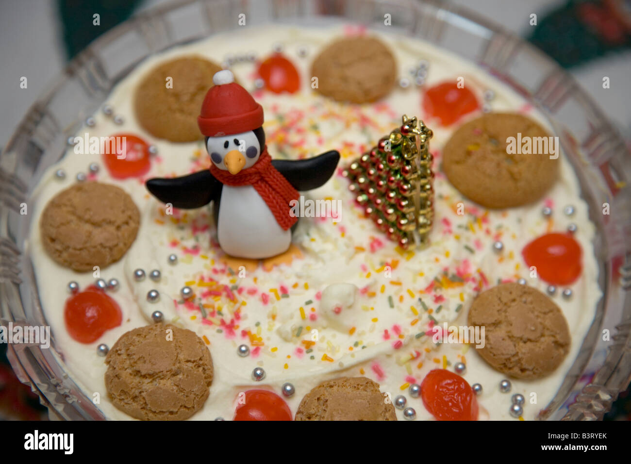 Christmas Sherry Trifle with penguin Stock Photo - Alamy