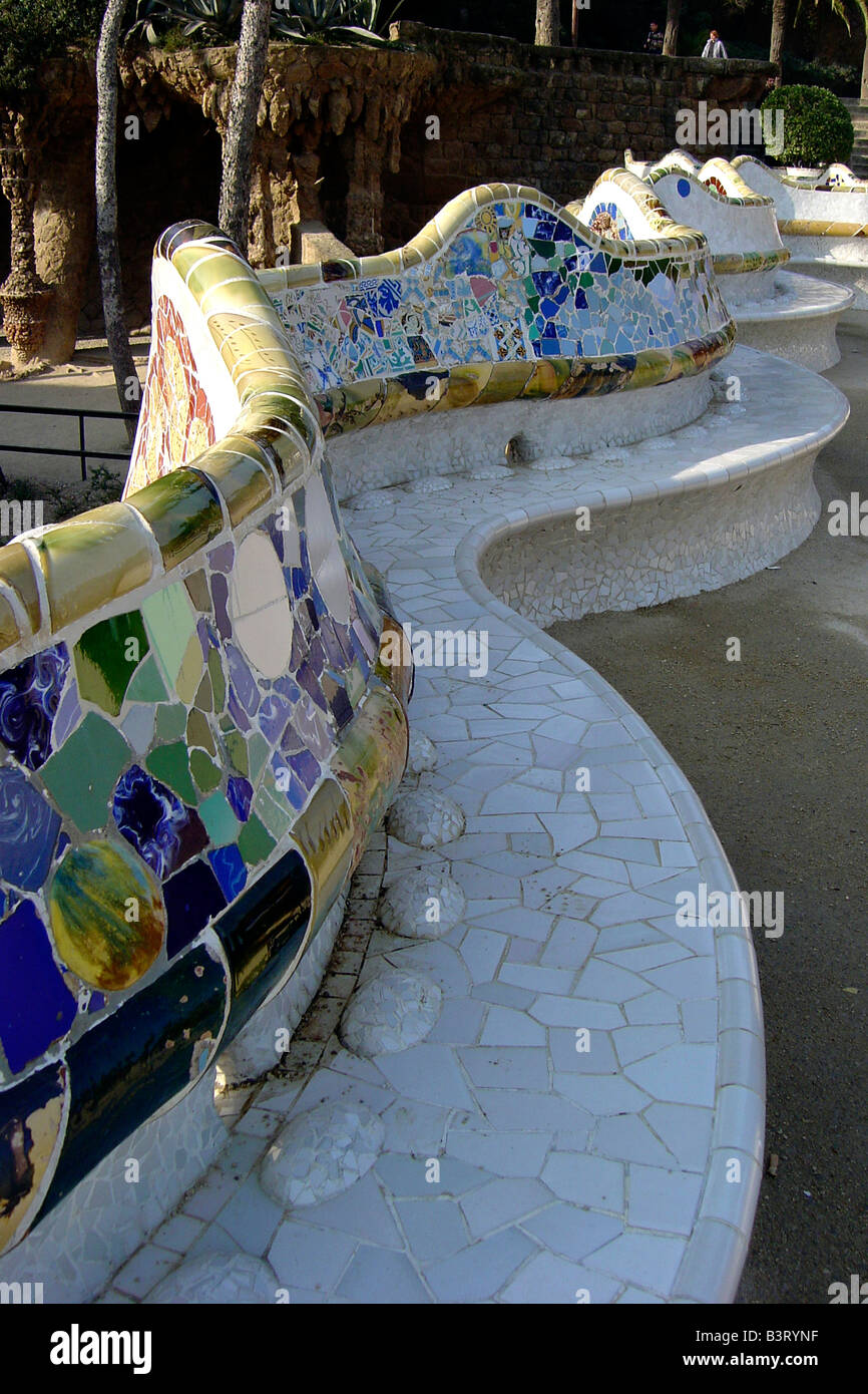 Gaudi's famous serpentine benches in Parc Guell, Barcelona, Spain Stock ...