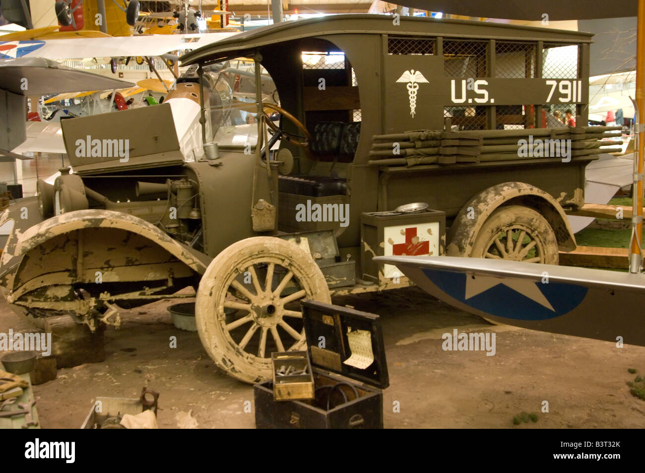 WWI Era medical ambulance in static display at the US Naval Air Museum ...