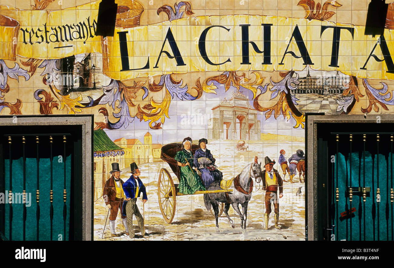 Azulejo tiled facade of La Chata restaurant at Cava Baja in Madrid ...