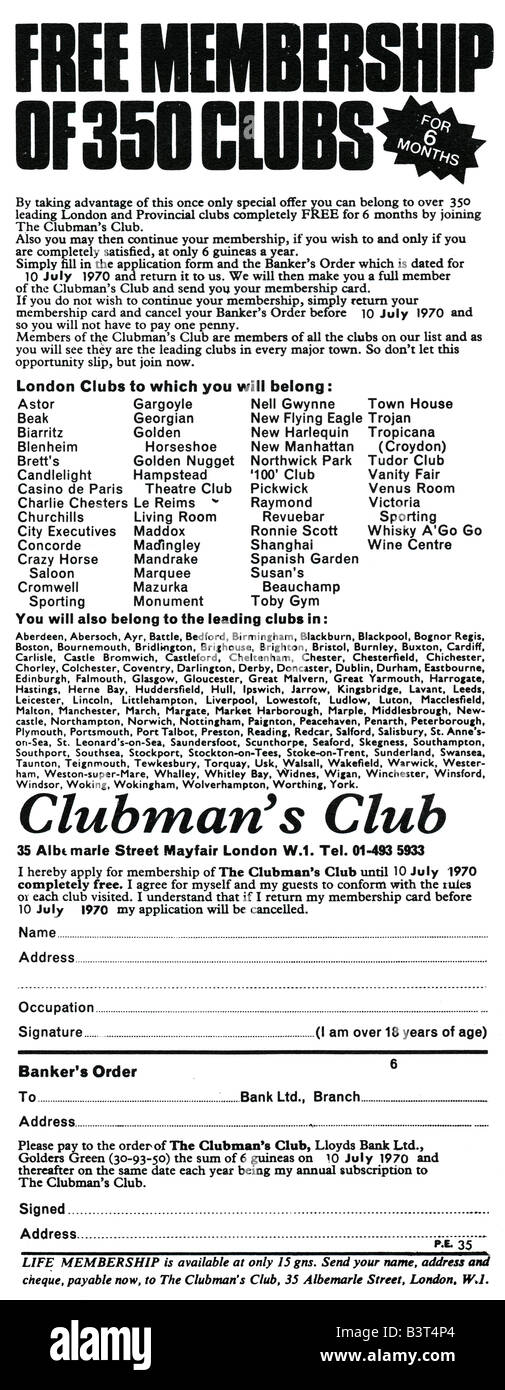 The Clubman's Club Advertisement January 1970. FOR EDITORIAL USE ONLY ...