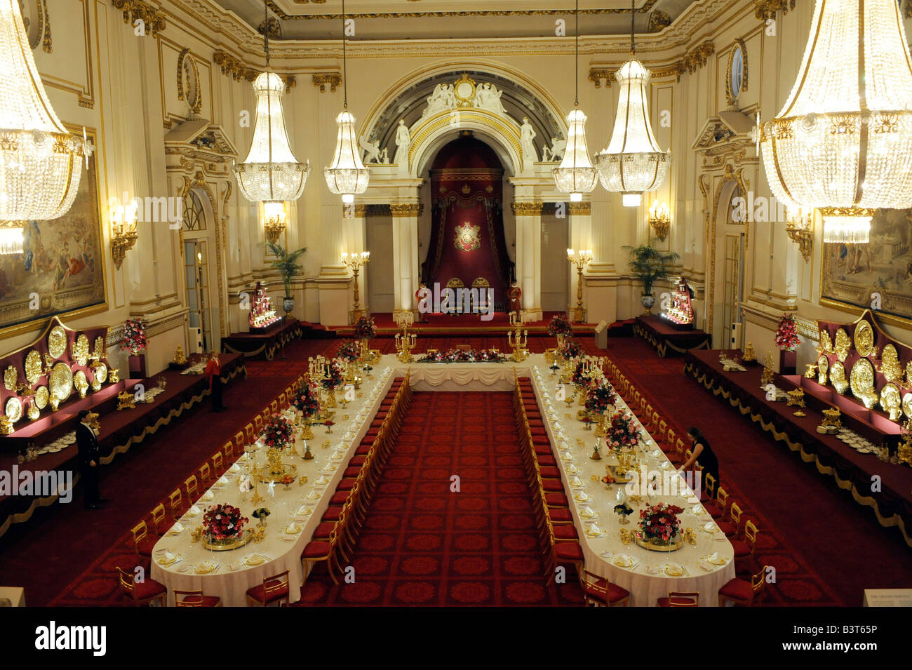 The Ballroom at Buckingham palace in London England set up for a State ...
