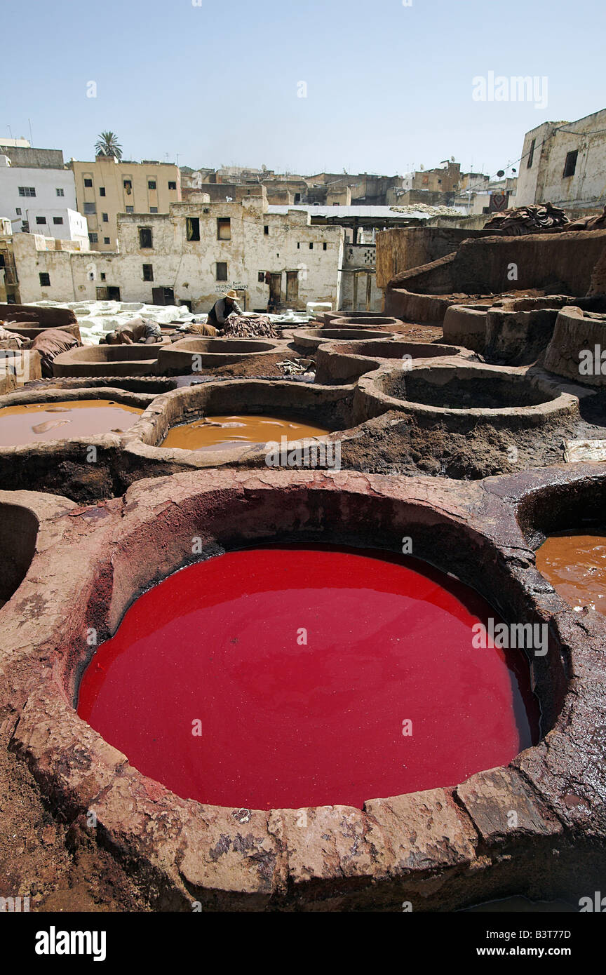 A view over the tanneries in Old Fez, Morocco. In the white pits ...