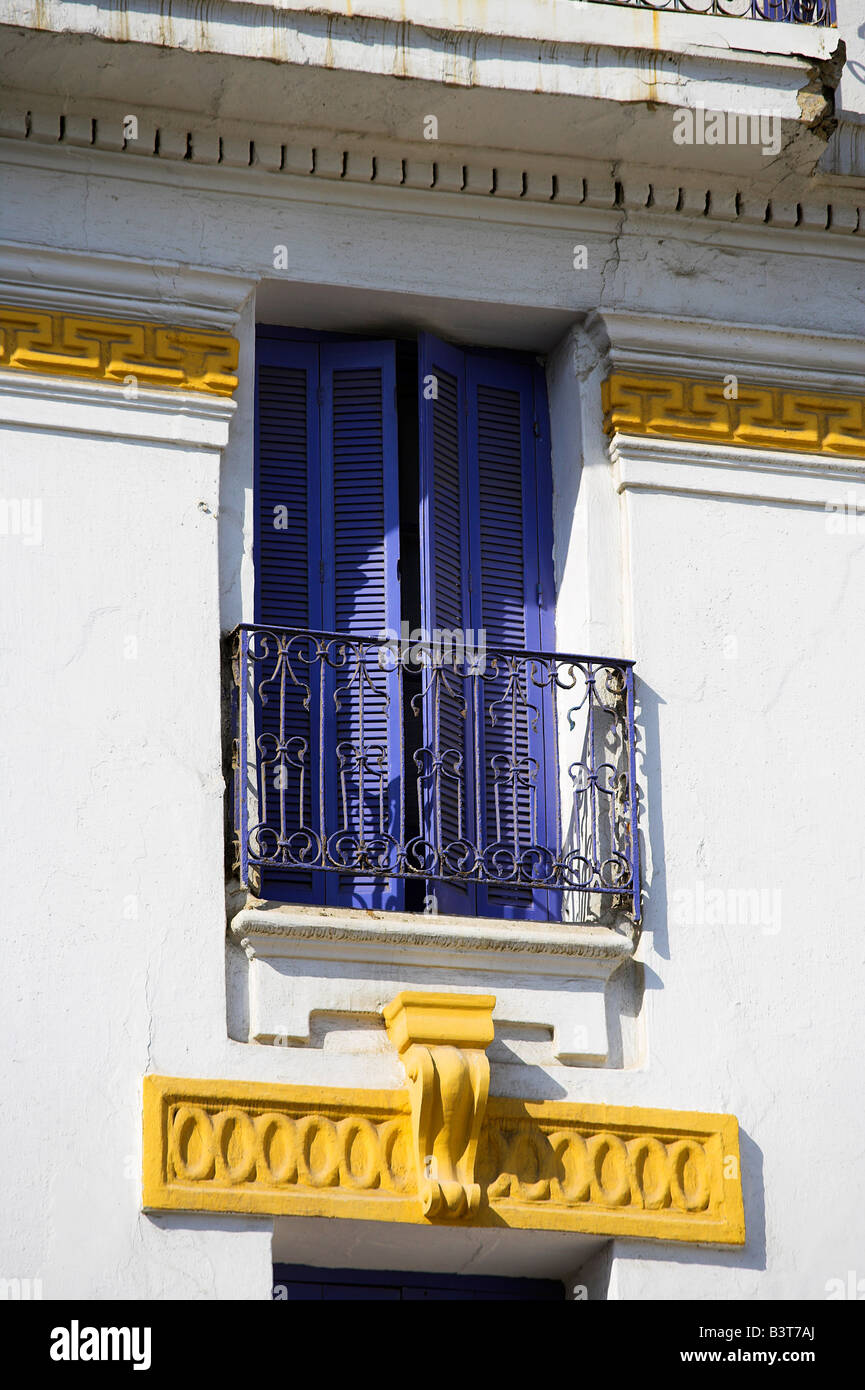 Blue shutters on the colonial facade of the Hotel Central in the old ...