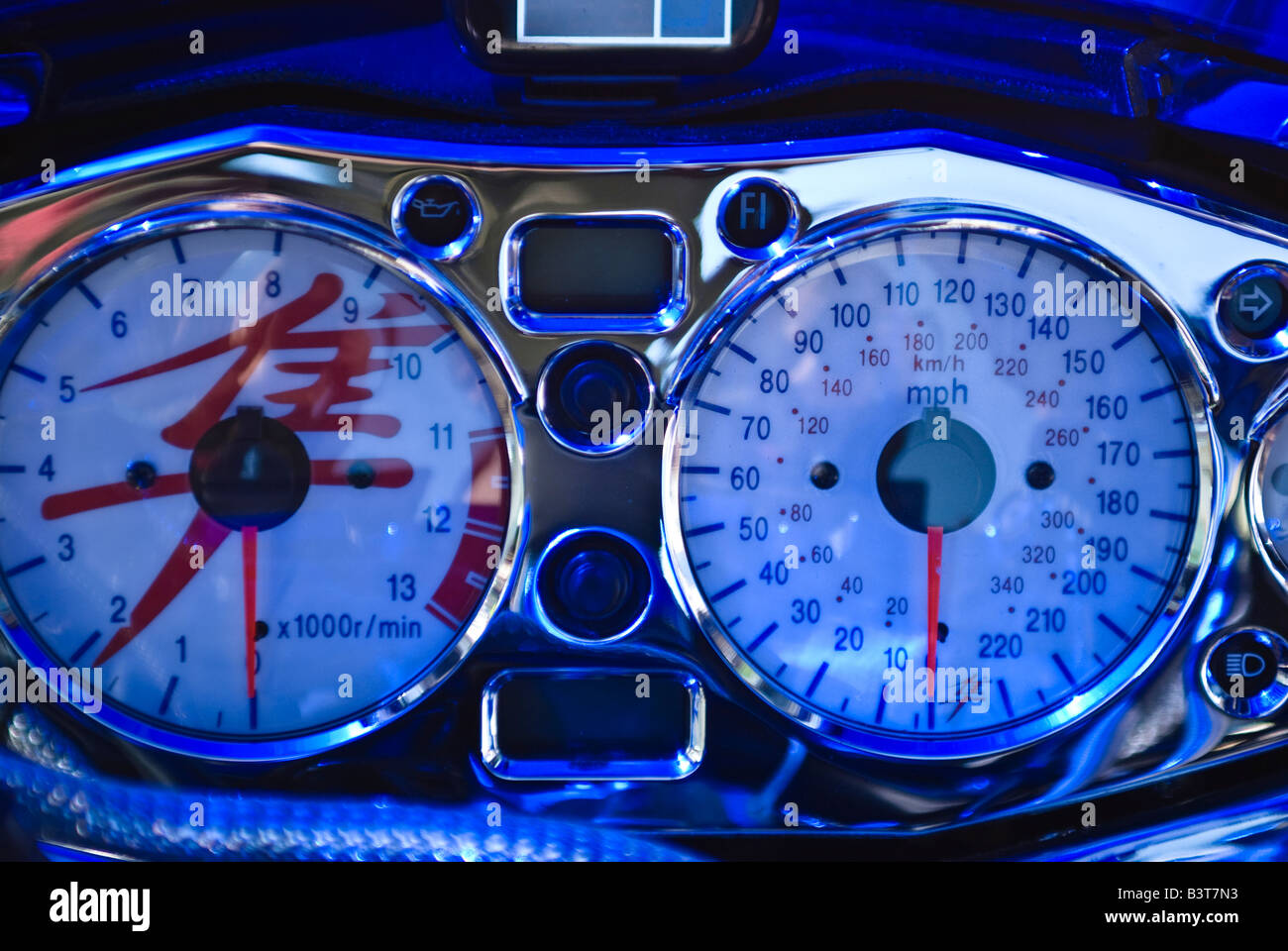 Motorcycle console in blue treated chrome with red Japanese calligraphy ...