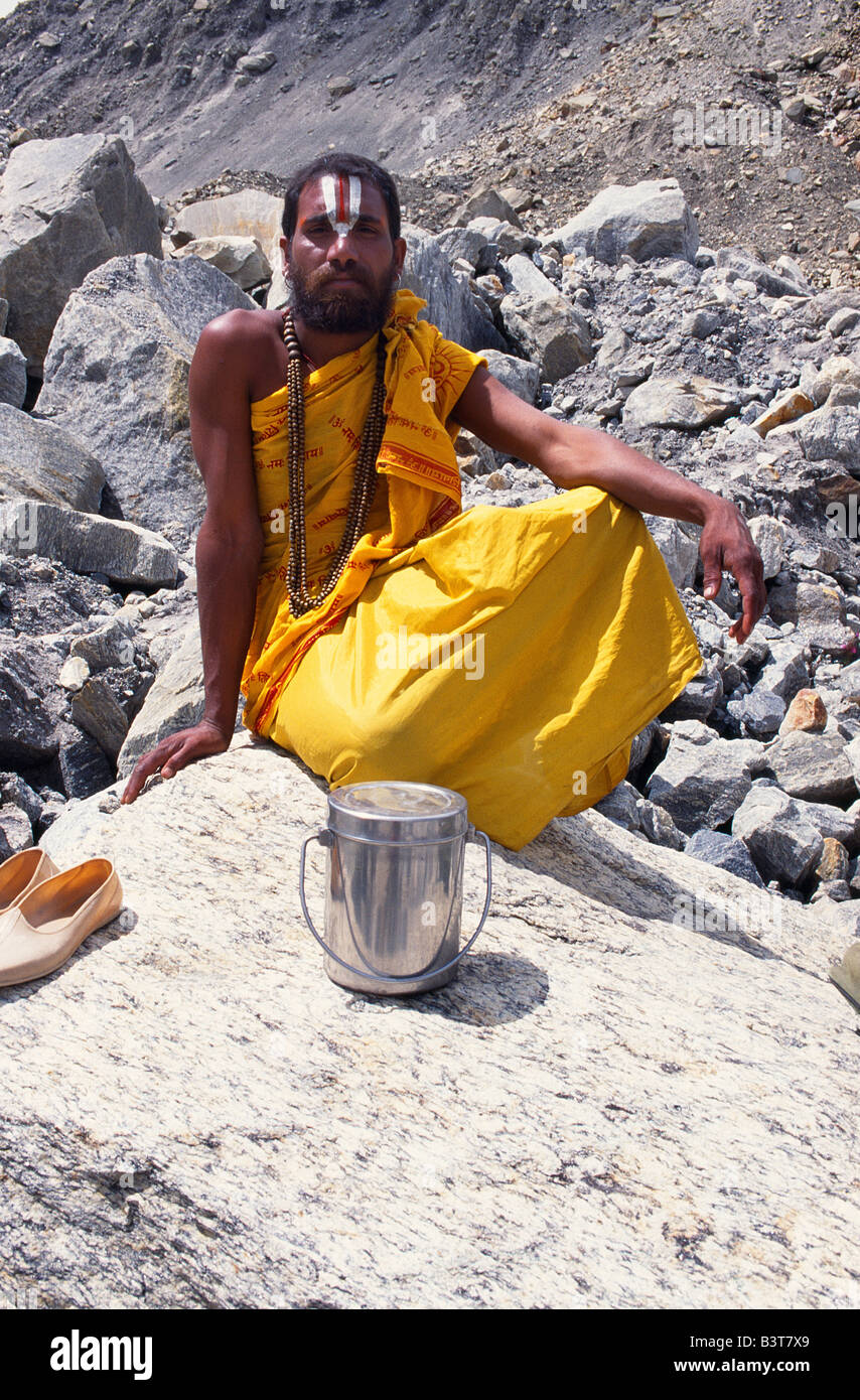 India, Garhwal Himalaya, Gaumakh . Sadhu (holy man) at the Gangotri ...