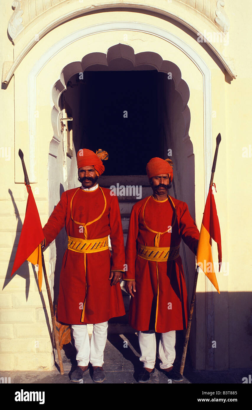 India, Rajasthan, Shekhawati. Ceremonial guards lend colour, if not ...