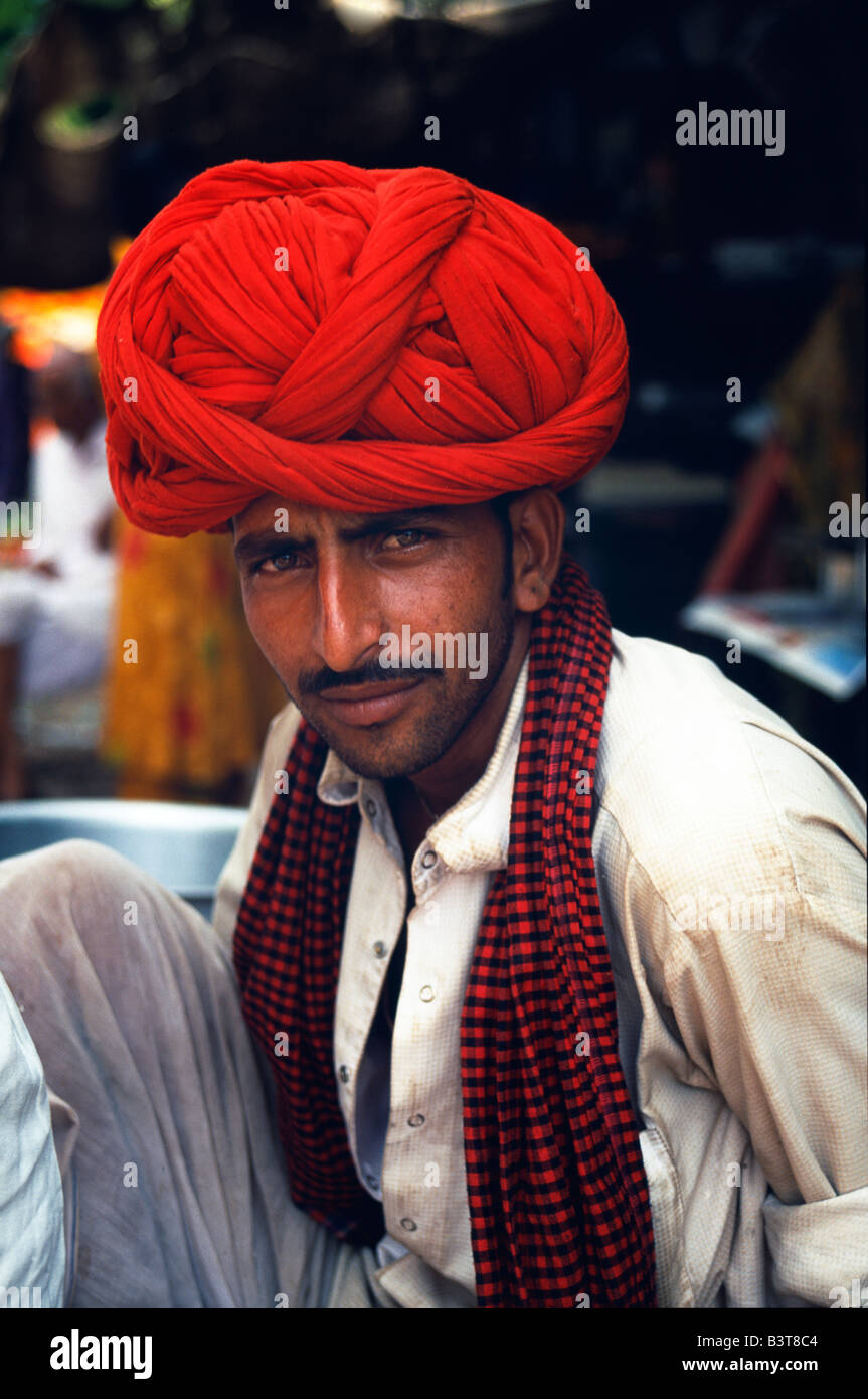 India, Rajasthan, Bundi. A handsome villager at Bundi's main bazaar ...
