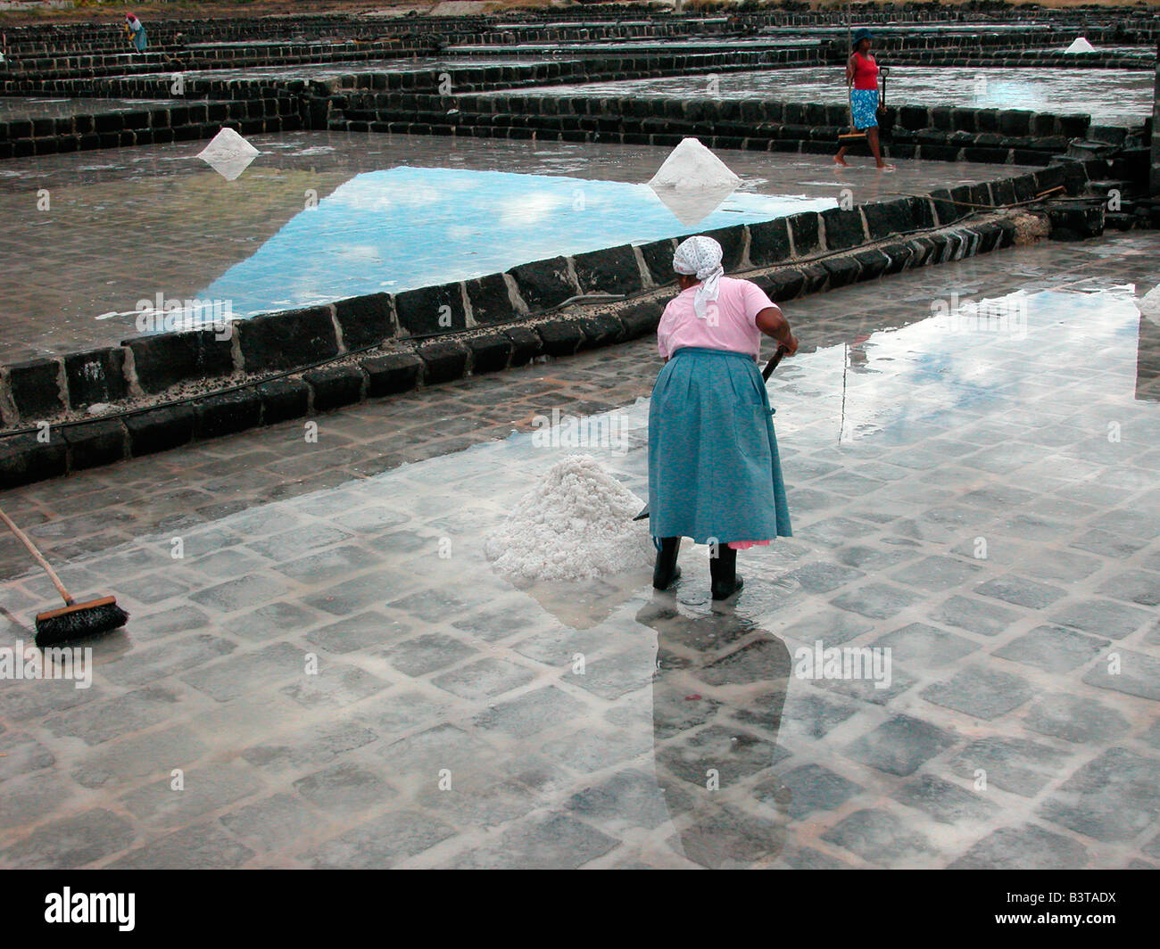 Mauritius, Tamarin. Salt collected by traditional methods in the ...