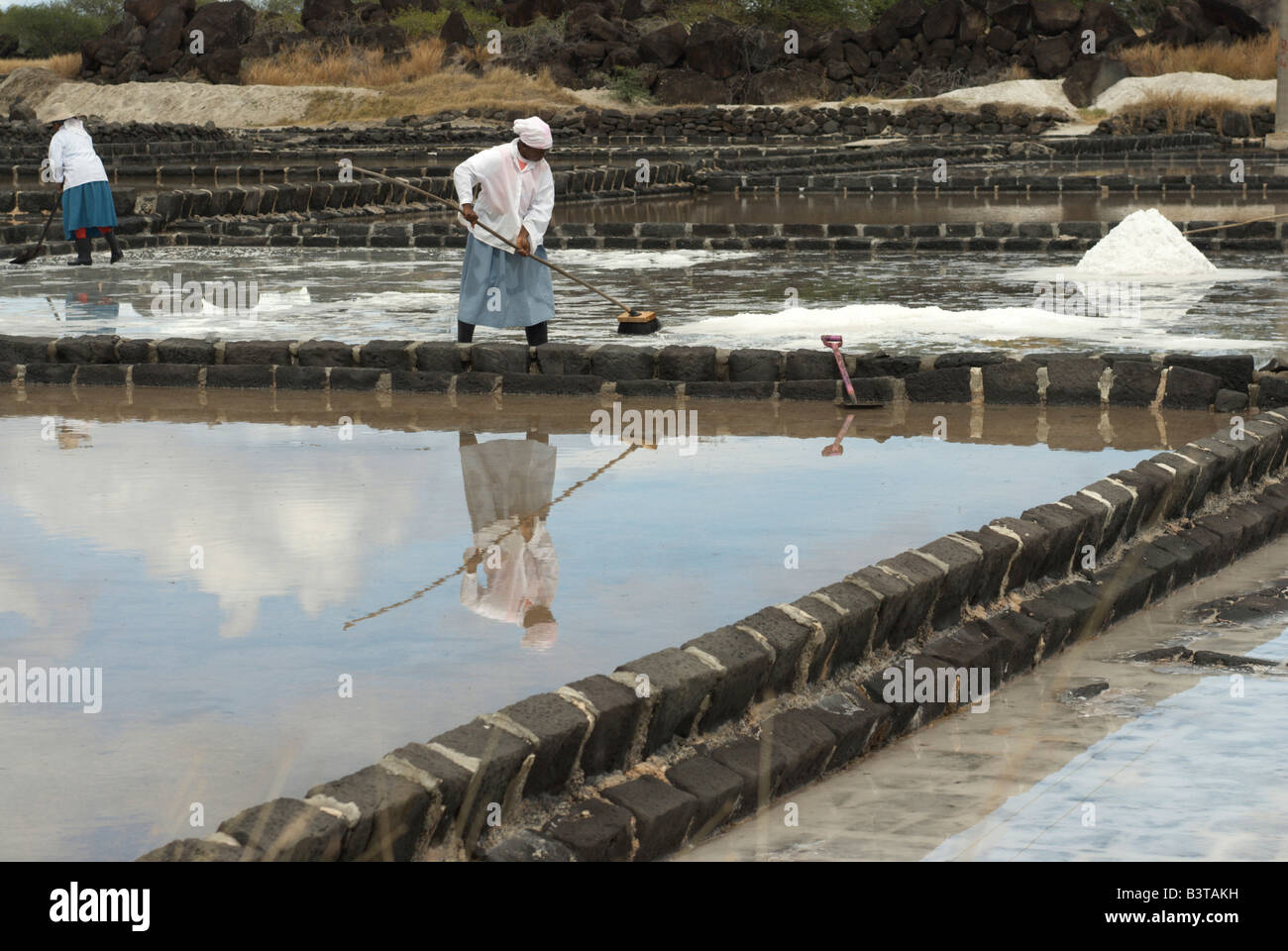 Mauritius, Tamarin. Salt collected by traditional methods in the ...