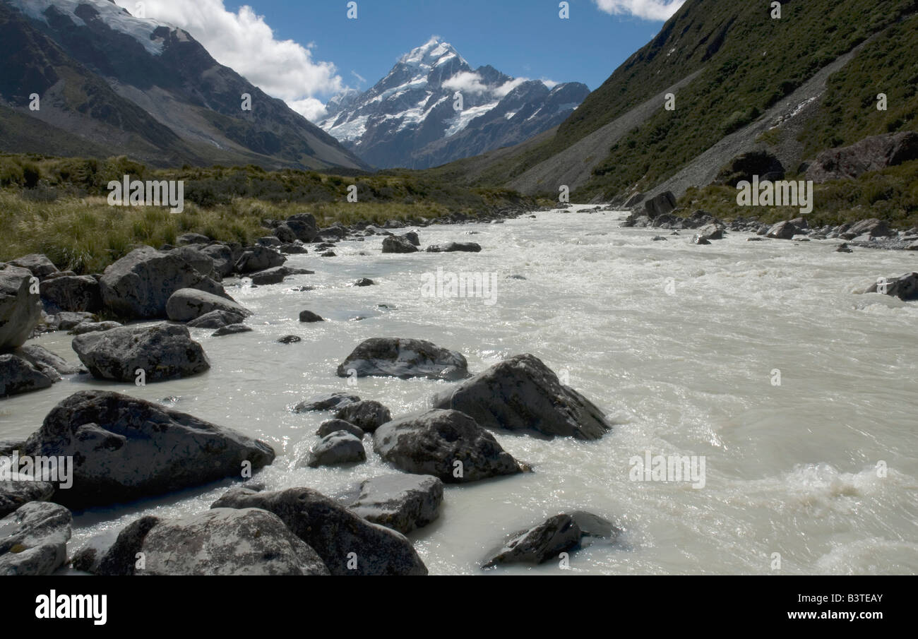 The boulder-strewn Hooker River, Mt Cook National Park, New Zealand ...