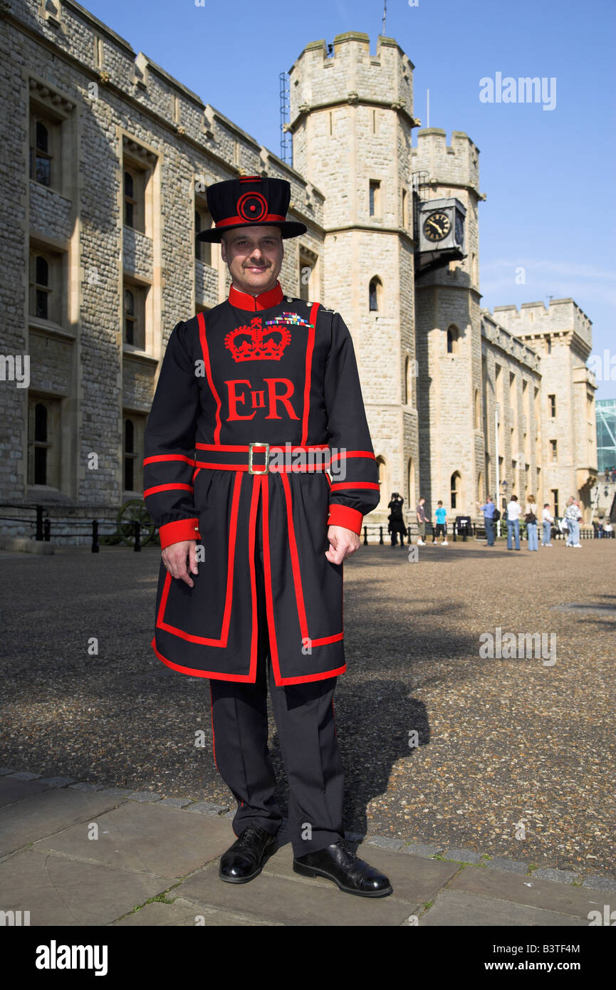 England, London, Tower of London. A beafeeter in traditional dress ...
